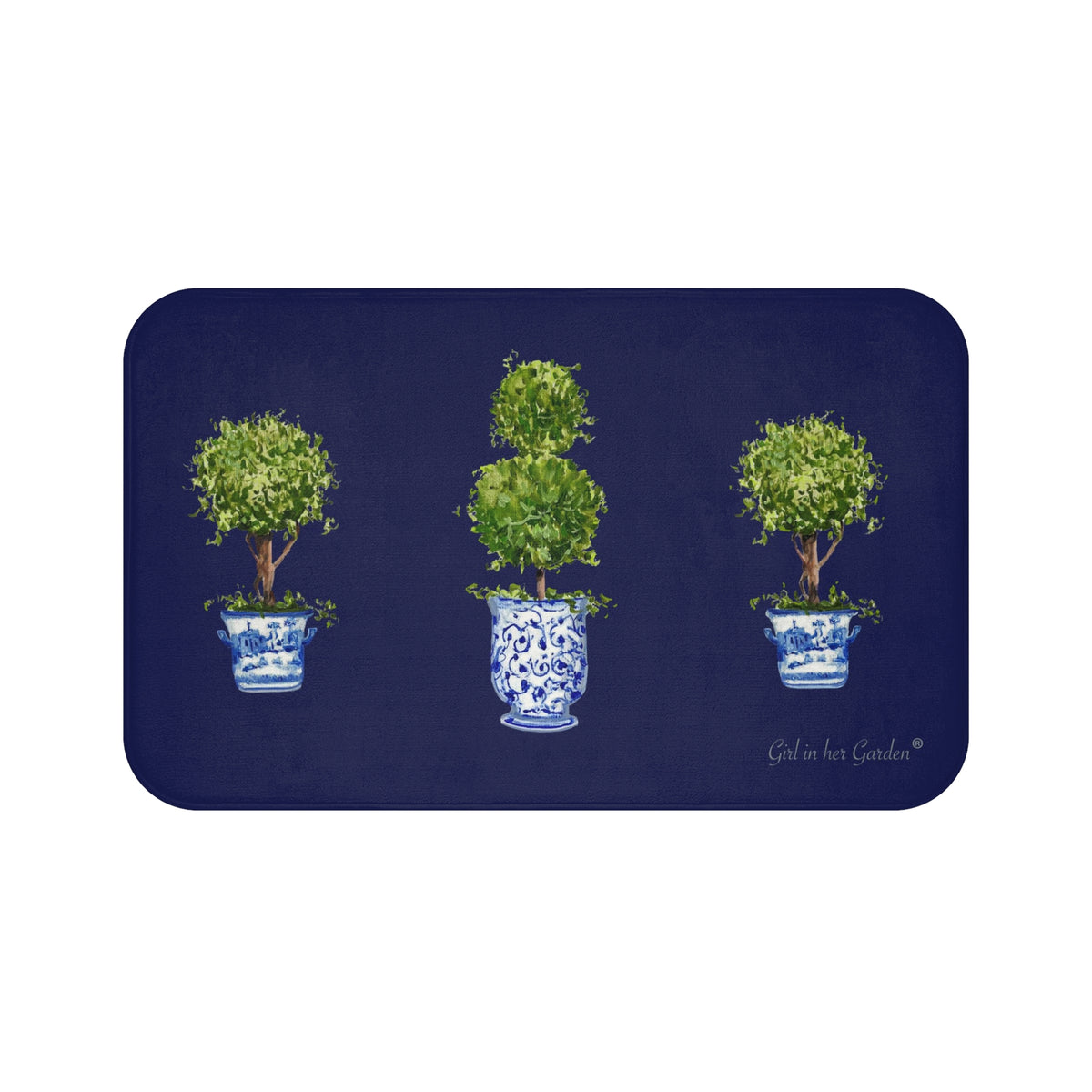 Kitchen, Bath Cushion Mat. Navy Triple Topiary – Girl in her garden